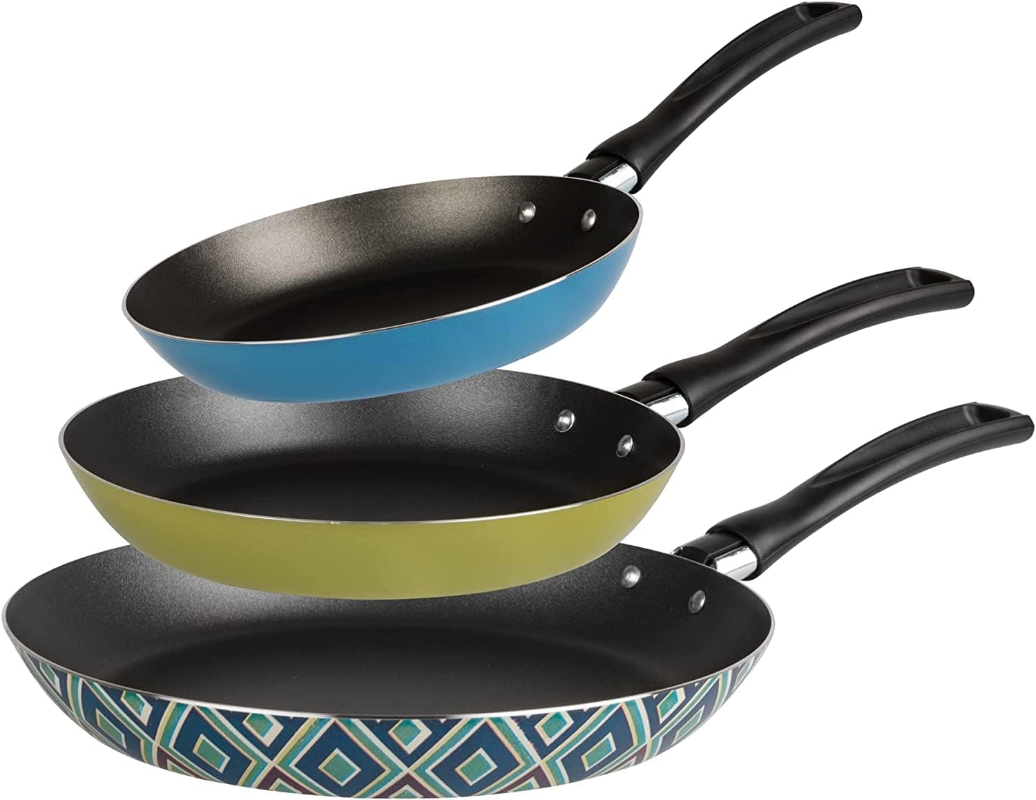 Ekco 3-Piece Frying Pan Set (7.1, 7.9 & 9.4 IN) For all Stovetops, Dishwasher Safe - Lightweight Aluminum Skillets, Non-Stick & Riveted Bakelite Handle (Photopaint Blue & Green) PFOA & PTFE Free