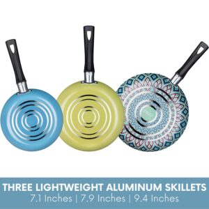 Ekco 3-Piece Frying Pan Set (7.1, 7.9 & 9.4 IN) For all Stovetops, Dishwasher Safe - Lightweight Aluminum Skillets, Non-Stick & Riveted Bakelite Handle (Photopaint Blue & Green) PFOA & PTFE Free