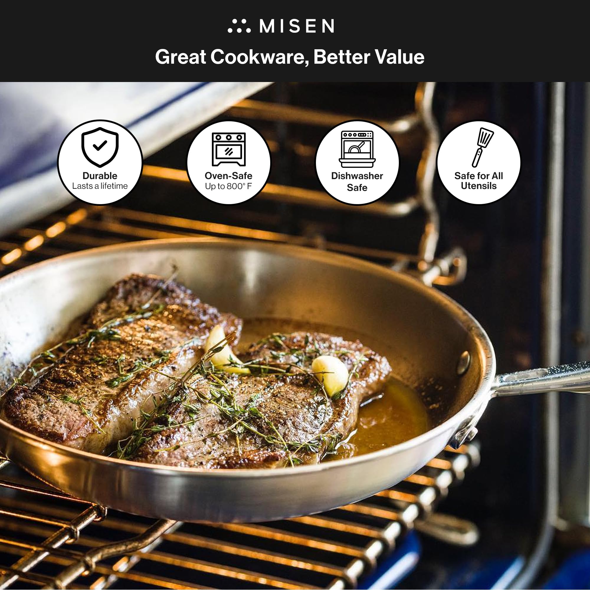 Misen 5-Ply Professional Stainless Steel Pan - Superior Heat Retention & Larger Cooking Surface for Searing & Sautéing - Cool Ergonomic Handle -12 Inch