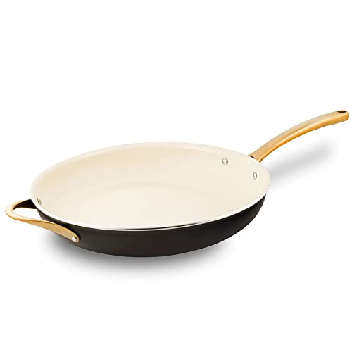 NutriChef 14" Extra Large Fry Pan - Professional Home Cookware Skillet Nonstick Frying Pan with Golden Titanium Coated Silicone Handle, Ceramic Coating, Stain-Resistant, And Easy To Clean