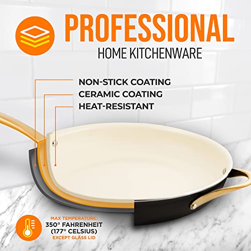 NutriChef 14" Extra Large Fry Pan - Professional Home Cookware Skillet Nonstick Frying Pan with Golden Titanium Coated Silicone Handle, Ceramic Coating, Stain-Resistant, And Easy To Clean