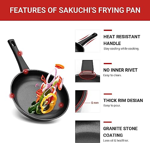 Sakuchi Nonstick Frying Pan 11 Inch, Skillet Non Stick for Induction Cooktop, Cooking Pan with Bakelite Handle, Black