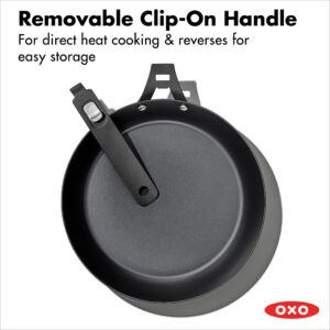 OXO Outdoor Pre-Seasoned Carbon Steel 10" Frying Pan Skillet, Detachable Handle for Easy Storage, Indoor Use, Nonstick with Use, Induction Suitable,Oven & Broiler Safe,Browning, Grill,Sear,Saute,Black