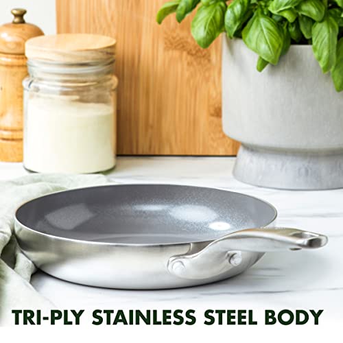 GreenPan Chatham Tri-Ply Stainless Steel Healthy Ceramic Nonstick 8" Frying Pan Skillet, PFAS-Free, Induction Suitable, Dishwasher Safe, Silver