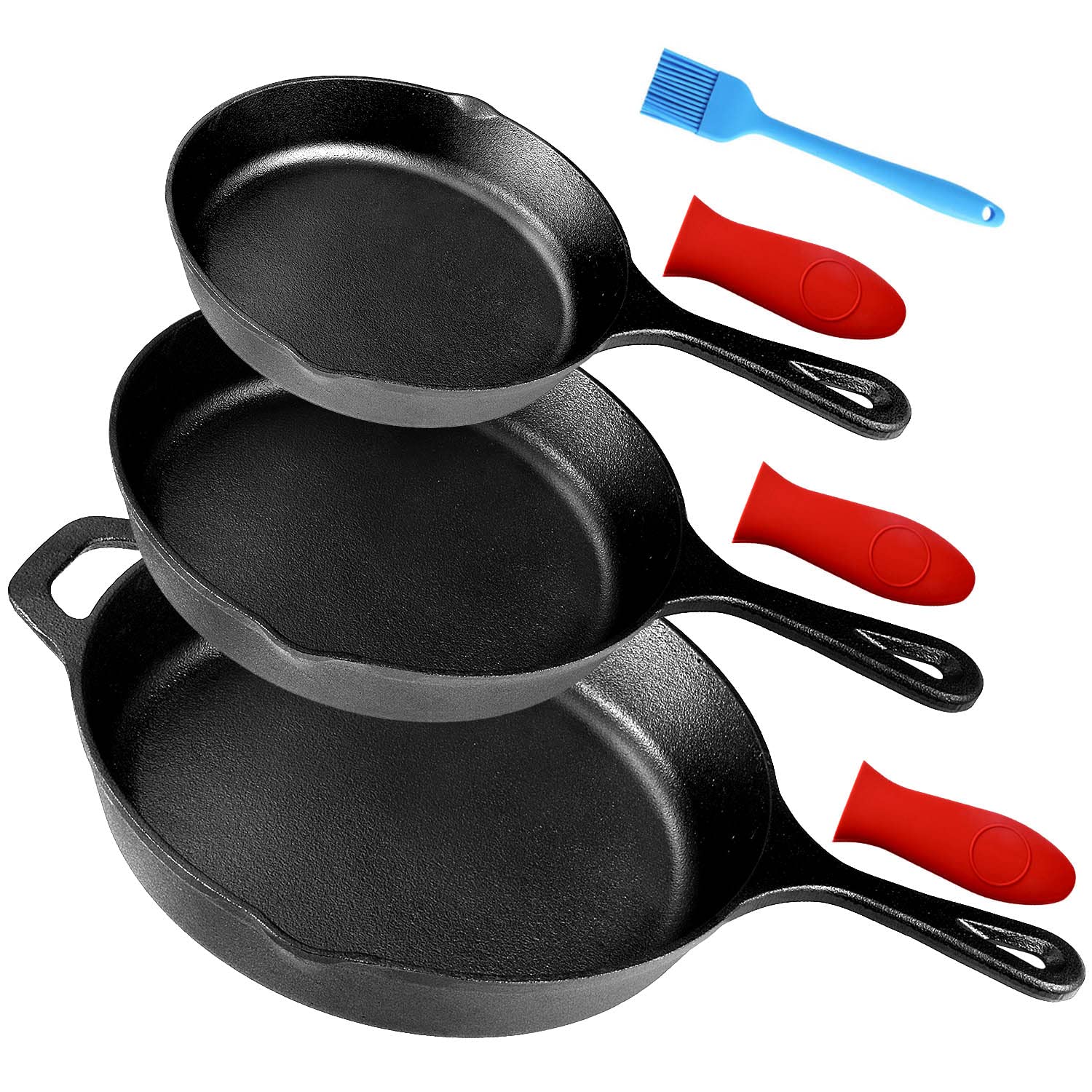 Pre-Seasoned Cast Iron Skillet Set of 3 | 6", 8" & 10" Cast Iron Frying Pans with 3 Heat-Resistant Holders & Oil Brush - Indoor and Outdoor Use - Oven Grill Stovetop Induction Safe Cookware