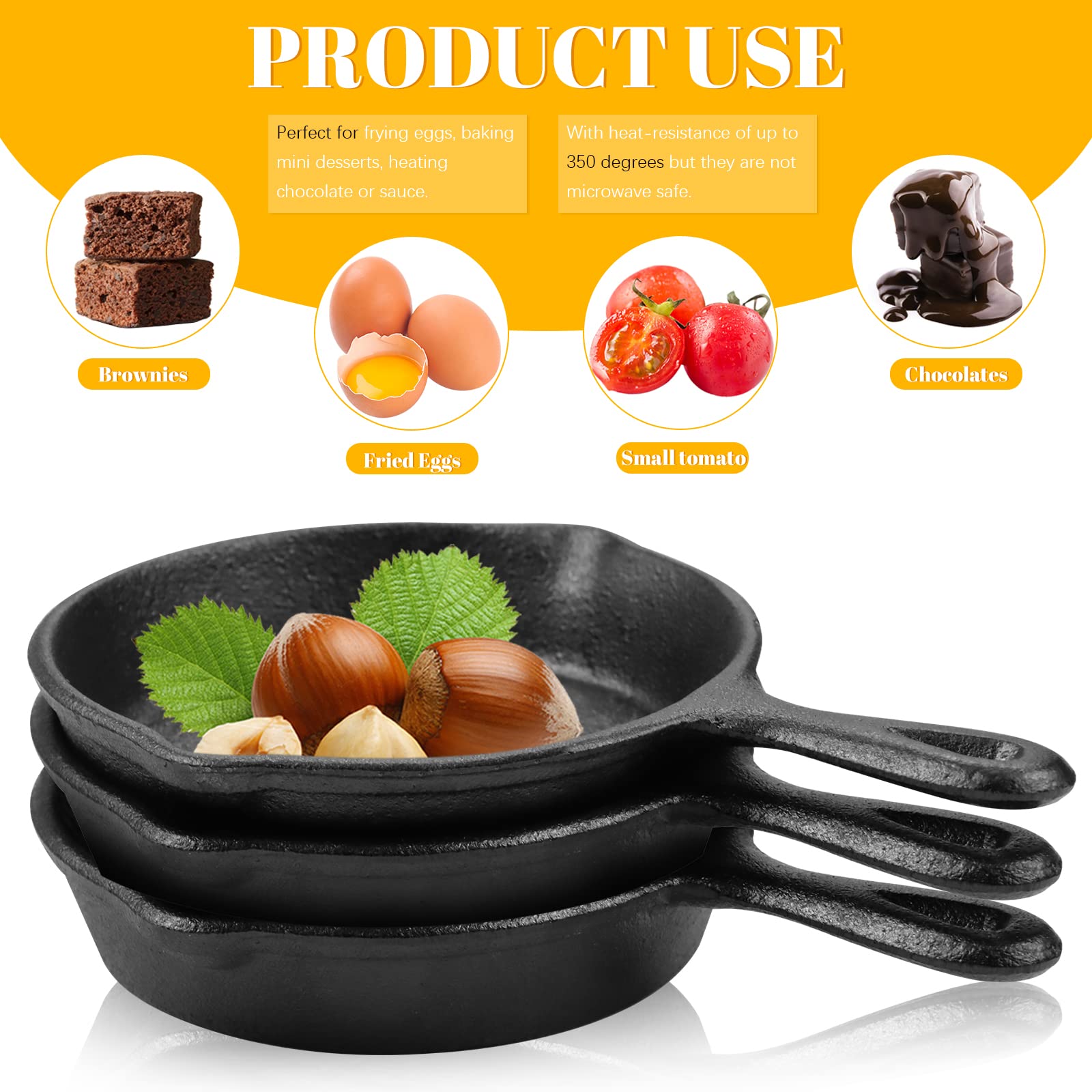 GothaBach 3 Pack 4'' Mini Cast Iron Skillet, Pre Seasoned Small Cast Iron Skillet for Baked Cookie, Brownie, Egg Cakes