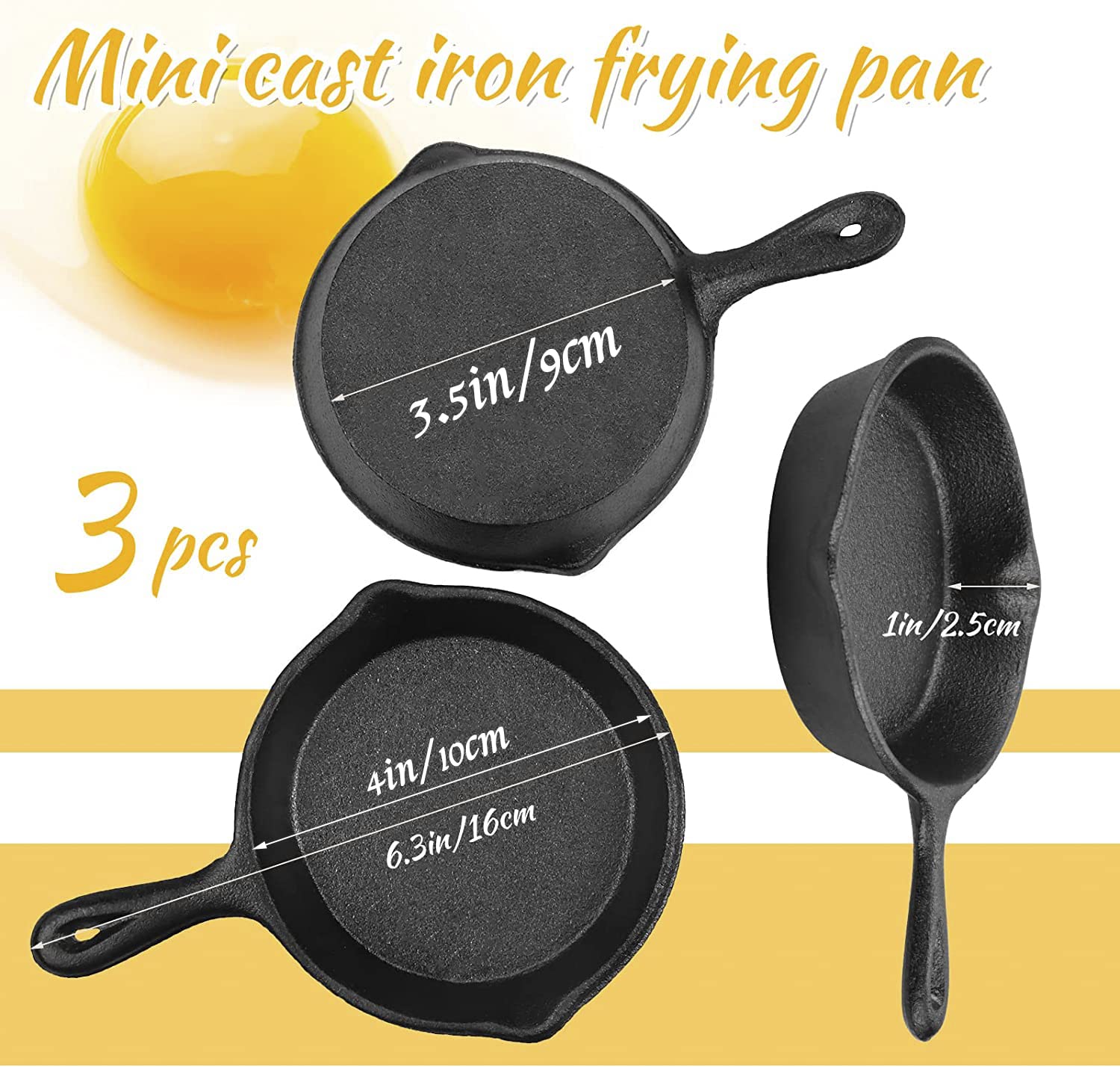 GothaBach 3 Pack 4'' Mini Cast Iron Skillet, Pre Seasoned Small Cast Iron Skillet for Baked Cookie, Brownie, Egg Cakes