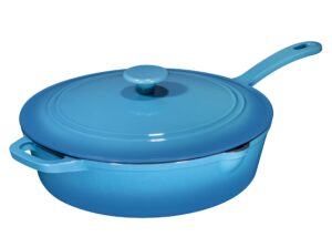 bruntmor 5 qt turquoise enamel cast iron sauté pan with lid, 5 quart oven safe cast iron skillet, cast iron grill pan set, nonstick cookware and bakeware for casserole dish