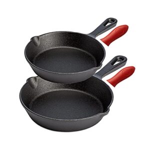 country living pre-seasoned cast iron skillet, oven safe frying pans with silicone handle sleeves, durable indoor and outdoor cookware, set of two, 6-inch and 8-inch, black