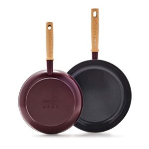 greenpan hudson healthy ceramic nonstick, 9.5" and 11" frying pan skillet set, vintage wood inspired handle, pfas-free, dishwasher safe, merlot red