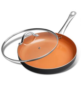 michelangelo nonstick frying pan with lid, 12 inch copper frying pan with ceramic coating, 12 inch nonstick frying pan, large nonstick skillet with lid, copper pan nonstick pan, 12 inch