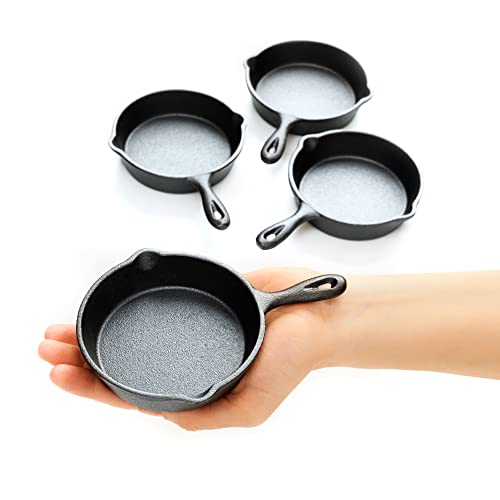 KUHA Mini Cast Iron Skillets 4” - 4-Pack of Pre-Seasoned Miniature Skillets - with 4 Small Silicone Trivets and Cast Iron Scraper