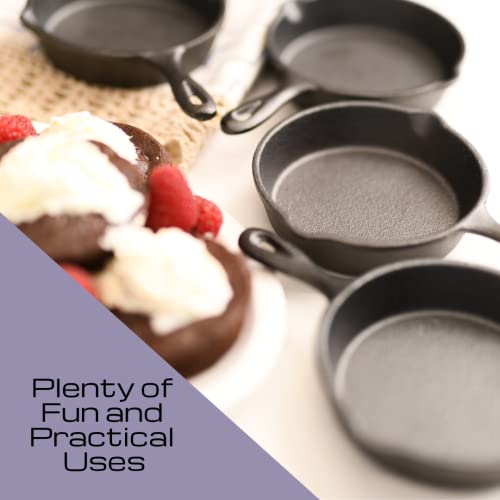 KUHA Mini Cast Iron Skillets 4” - 4-Pack of Pre-Seasoned Miniature Skillets - with 4 Small Silicone Trivets and Cast Iron Scraper