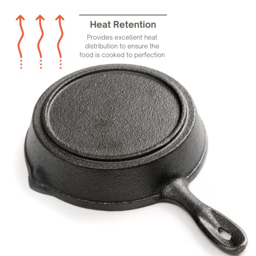 KUHA Mini Cast Iron Skillets 4” - 4-Pack of Pre-Seasoned Miniature Skillets - with 4 Small Silicone Trivets and Cast Iron Scraper