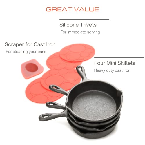 KUHA Mini Cast Iron Skillets 4” - 4-Pack of Pre-Seasoned Miniature Skillets - with 4 Small Silicone Trivets and Cast Iron Scraper