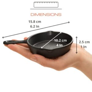 KUHA Mini Cast Iron Skillets 4” - 4-Pack of Pre-Seasoned Miniature Skillets - with 4 Small Silicone Trivets and Cast Iron Scraper