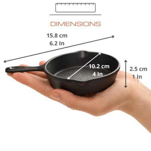 KUHA Mini Cast Iron Skillets 4” - 4-Pack of Pre-Seasoned Miniature Skillets - with 4 Small Silicone Trivets and Cast Iron Scraper