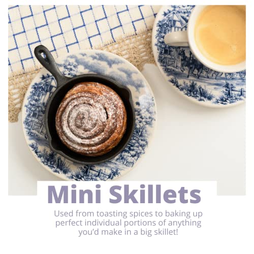 KUHA Mini Cast Iron Skillets 4” - 4-Pack of Pre-Seasoned Miniature Skillets - with 4 Small Silicone Trivets and Cast Iron Scraper