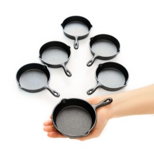 kuha mini cast iron skillets 4” - 6-pack of pre-seasoned miniature skillets - with 6 small silicone trivets and cast iron scraper