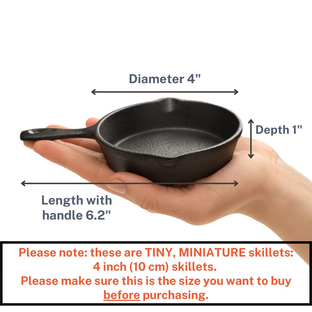 KUHA Mini Cast Iron Skillets 4” - 6-Pack of Pre-Seasoned Miniature Skillets - with 6 Small Silicone Trivets and Cast Iron Scraper