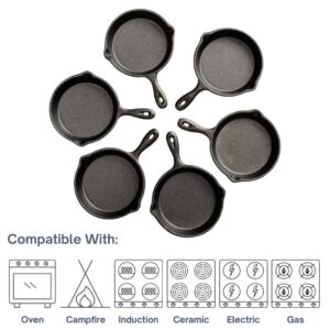 KUHA Mini Cast Iron Skillets 4” - 6-Pack of Pre-Seasoned Miniature Skillets - with 6 Small Silicone Trivets and Cast Iron Scraper