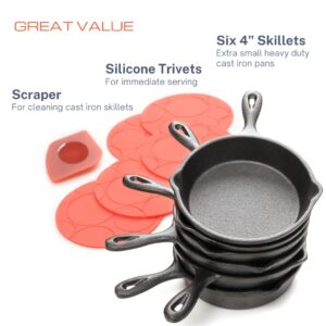 KUHA Mini Cast Iron Skillets 4” - 6-Pack of Pre-Seasoned Miniature Skillets - with 6 Small Silicone Trivets and Cast Iron Scraper