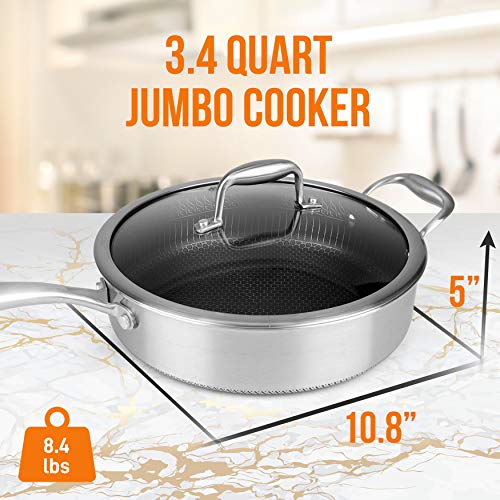 NutriChef 3.4QT Stainless Steel Jumbo Cooker - Triply Kitchenware Jumbo Cooker with Glass Lid - DAKIN Etching Non-Stick Coating, Scratch-resistant Raised-up Honeycomb Fire Textured Pattern NC3PSAUC