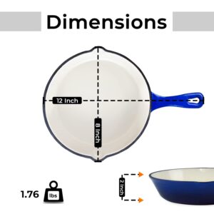 Healthy Choices 8" Small Enameled Cast Iron Pan, White Cast Iron Skillet, Blue Enameled Skillet, Eggs, Sauces, Desserts, BBQ Safe, Small Skillet For Camping, Dishwasher, Induction, Stovetop, Open Fire