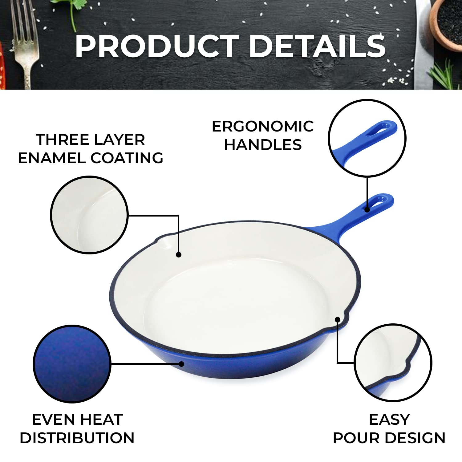 Healthy Choices 8" Small Enameled Cast Iron Pan, White Cast Iron Skillet, Blue Enameled Skillet, Eggs, Sauces, Desserts, BBQ Safe, Small Skillet For Camping, Dishwasher, Induction, Stovetop, Open Fire