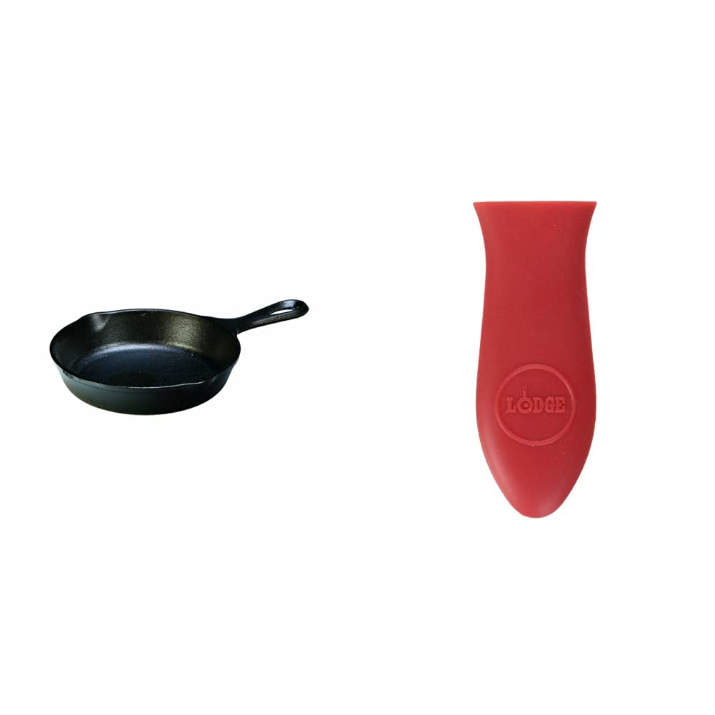 Lodge 6-1/2 Inch Cast Iron Pre-Seasoned Skillet – Signature Teardrop Handle - Use in the Oven, on the Stove, on the Grill, or Over a Campfire, Black & ASHHM41 Mini Silicone Hot Handle Holder, Red