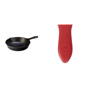 lodge l5sk3 pre-seasoned cast-iron 8-inch skillet & ashhm41 mini silicone hot handle holder, red