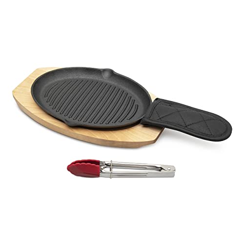 PEBBLEWICK - Cast Iron Fajita Skillet Set - Pre-seasoned with Wooden Base and Mitt - Create Authentic Sizzling Meals with Ease - complete with 7 Inch Tongs