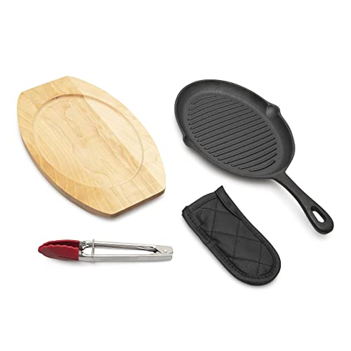 PEBBLEWICK - Cast Iron Fajita Skillet Set - Pre-seasoned with Wooden Base and Mitt - Create Authentic Sizzling Meals with Ease - complete with 7 Inch Tongs