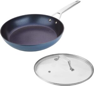 msmk non stick frying pan set with lid blue, 12-inch durable skillet, titanium and diamond non stick non-toxic coating from usa, even heating, easy clean-up, comfort handle, induction compatibility