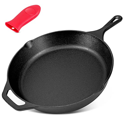 Almcmy 12 Inch Cast Iron Skillet, Pre-Seasoned Frying Pan with Silicone Handle Holder, Cast Iron Pan for Frying Grilling, Oven Safe, Dishwasher Safe - Indoor& Outdoor Use