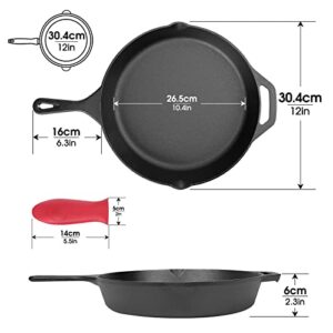 Almcmy 12 Inch Cast Iron Skillet, Pre-Seasoned Frying Pan with Silicone Handle Holder, Cast Iron Pan for Frying Grilling, Oven Safe, Dishwasher Safe - Indoor& Outdoor Use