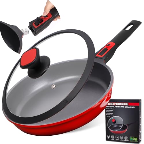 DIIG Nonstick Frying Pan Skillet with Silicone Lid, 11.5 Inch Saute Pan Omelet Sauce Pan Red Cookware, Chef Pan for Cooking with Detachable Handle, Induction Oven Safe All Stoves Compatible