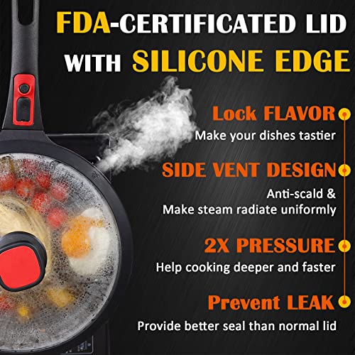 DIIG Nonstick Frying Pan Skillet with Silicone Lid, 11.5 Inch Saute Pan Omelet Sauce Pan Red Cookware, Chef Pan for Cooking with Detachable Handle, Induction Oven Safe All Stoves Compatible