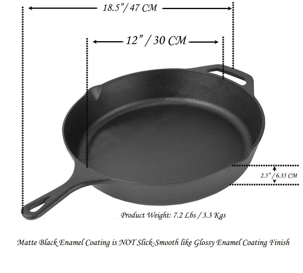 La Cuisine 12” Cast Iron Skillet Frying Pan with Matte Black Enamel Coating – Thermal Resistant Silicone holders included. Ideal for both Indoor and outdoor use, Oven Safe.