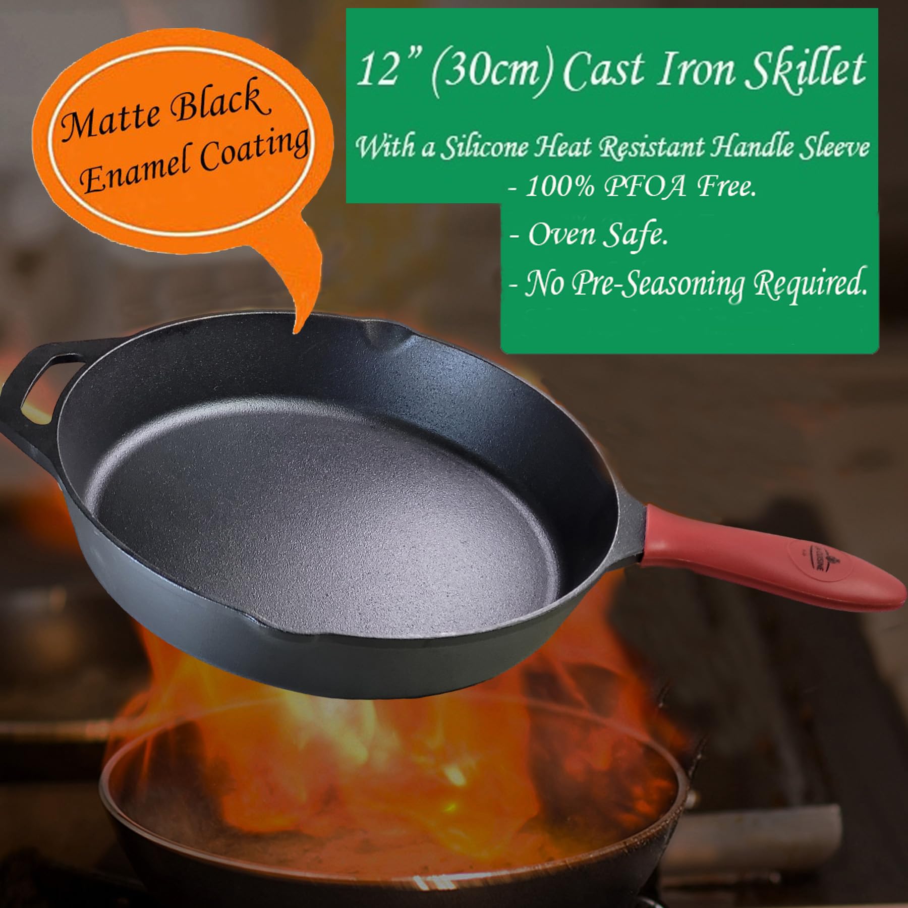 La Cuisine 12” Cast Iron Skillet Frying Pan with Matte Black Enamel Coating – Thermal Resistant Silicone holders included. Ideal for both Indoor and outdoor use, Oven Safe.