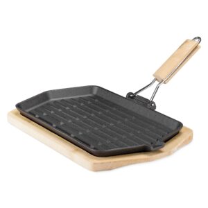 navaris sizzling cast iron skillet set - fajita grill pan with removable handle for fajitas, steak, sizzler dishes 13.4" x 8" - includes wood trivet