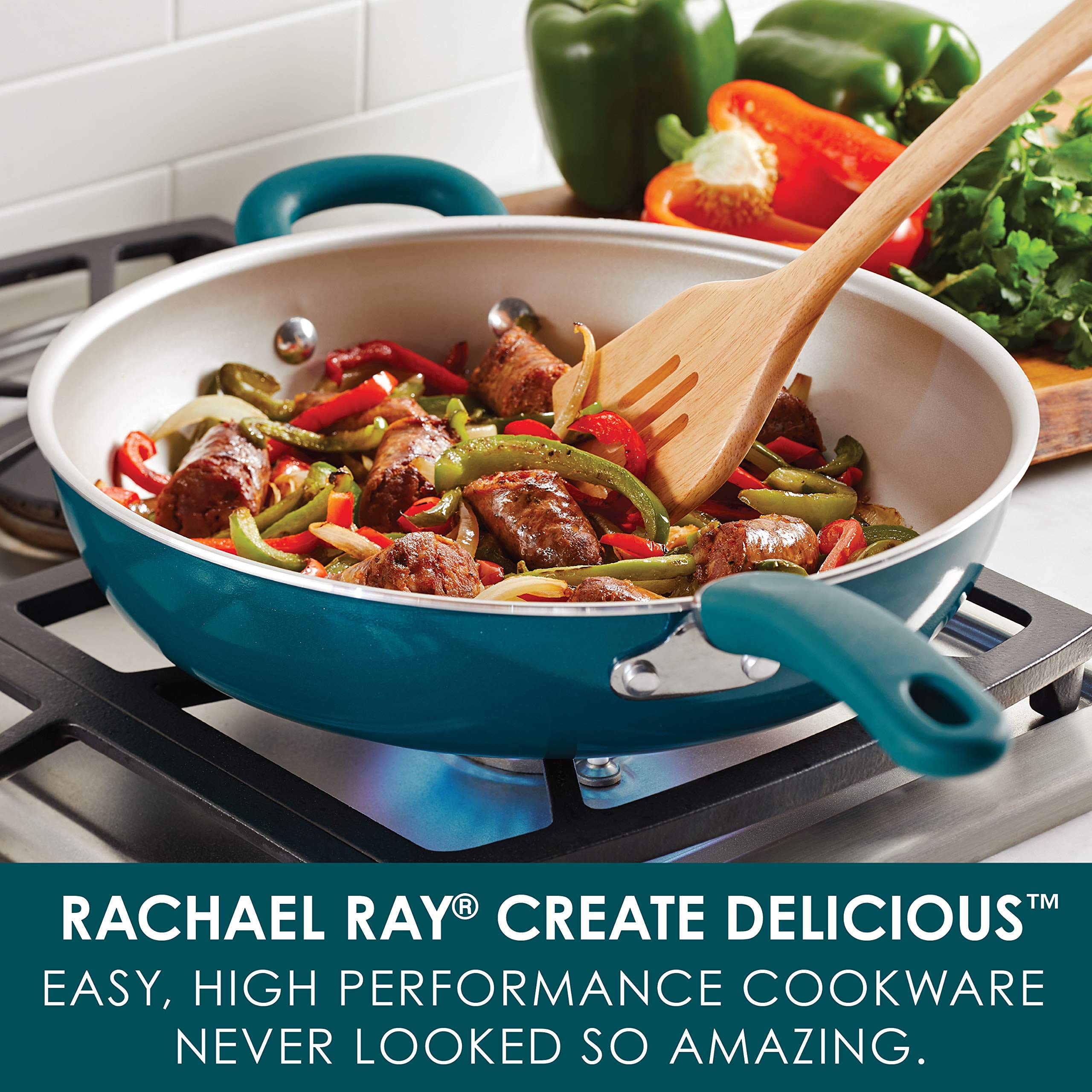 Rachael Ray Create Delicious Skillet with Helper Handle, 14.5-Inch Nonstick Frying Pan, Teal Shimmer