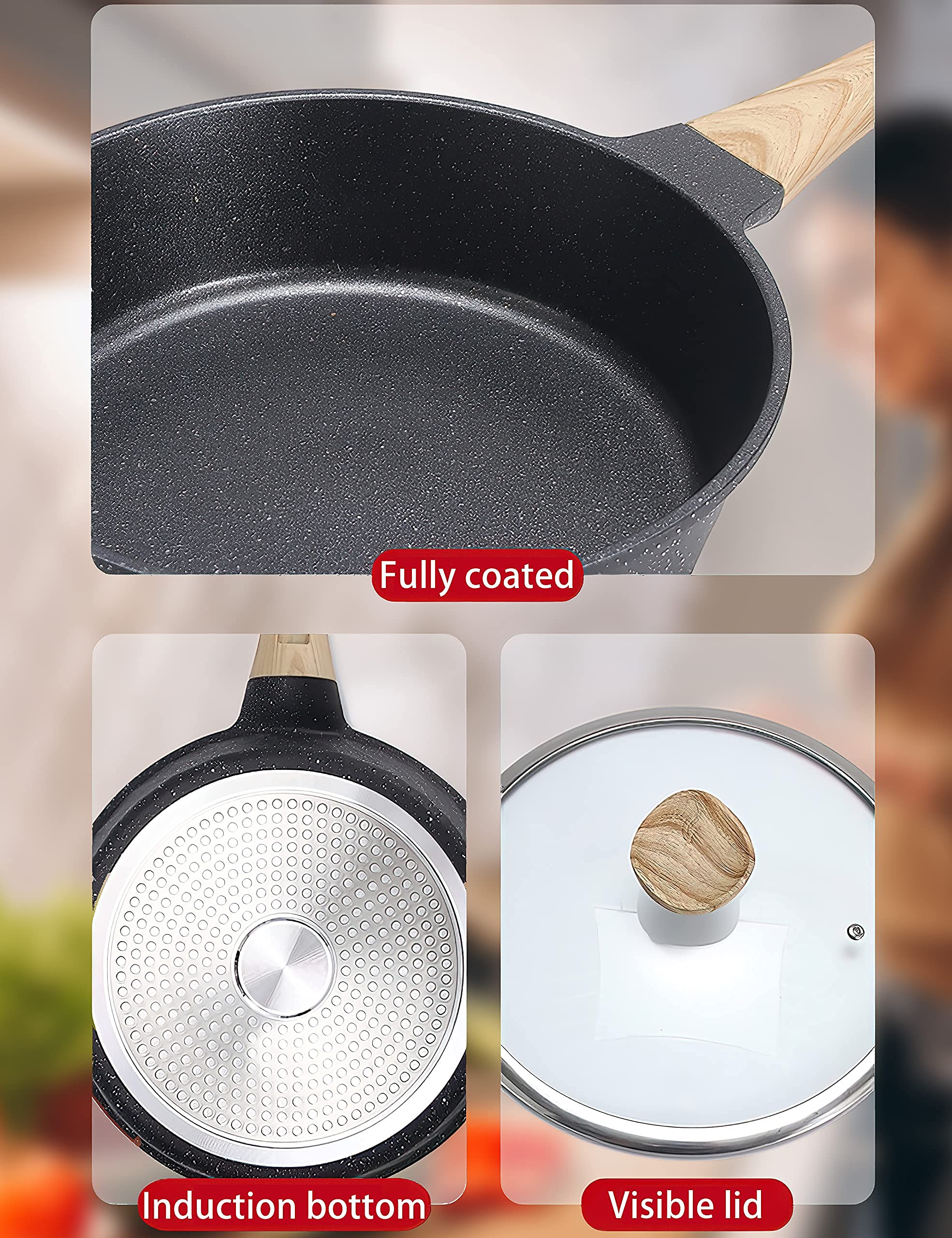 TAMASAKI 11 Inch Nonstick Medical Stone Skillet No Fumes Frying Pan Household Nonstick Cookware Stone-Derived Coating with Glass Lid Black