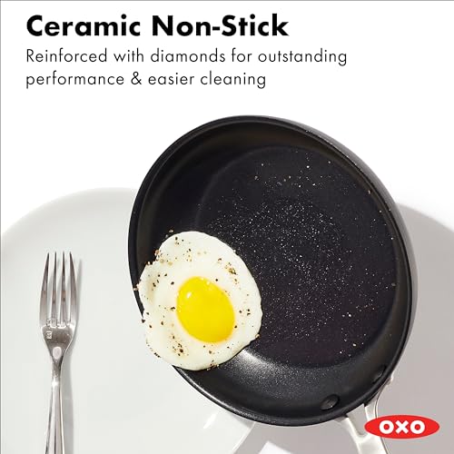 OXO Enhanced, 12" Frying Pan Skillet with Lid, Healthy Ceramic Nonstick, PFAS-Free, Stainless Steel Handle, Dishwasher Safe, Oven Safe, Black