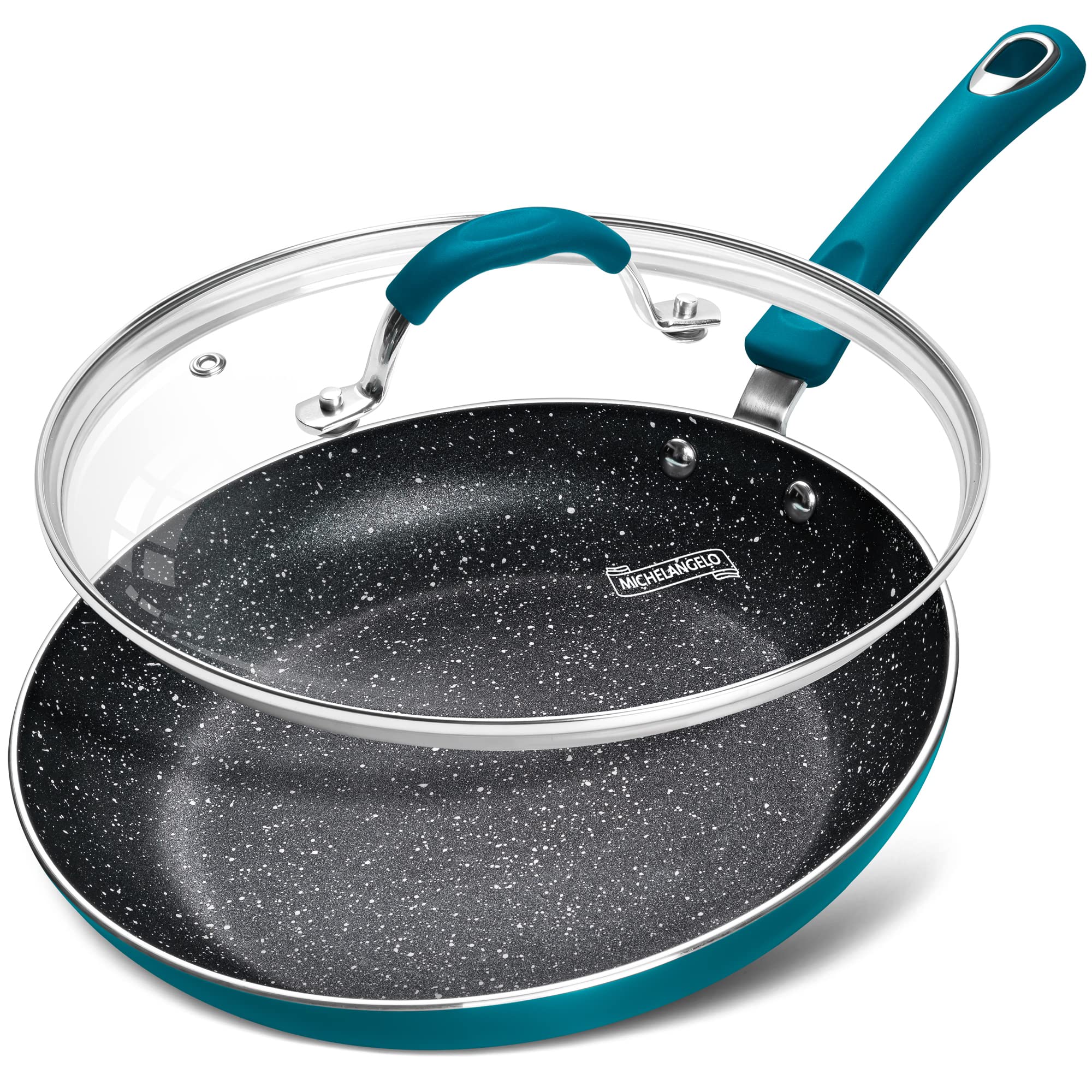 MICHELANGELO Nonstick Frying Pan with Lid, 10 Inch Frying Pan Nonstick, Enameled Non Stick Frying Pan with Silicone Handle, Nonstick Skillet with Granite Interior, Cyan