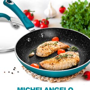 MICHELANGELO Nonstick Frying Pan with Lid, 10 Inch Frying Pan Nonstick, Enameled Non Stick Frying Pan with Silicone Handle, Nonstick Skillet with Granite Interior, Cyan