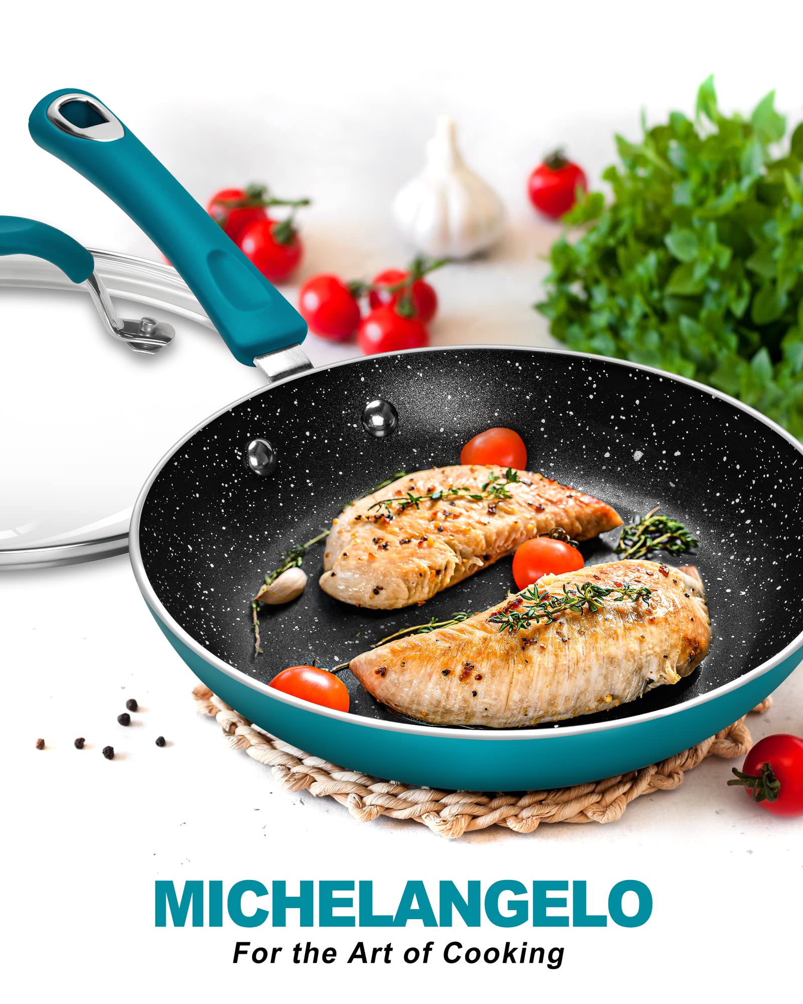 MICHELANGELO Nonstick Frying Pan with Lid, 10 Inch Frying Pan Nonstick, Enameled Non Stick Frying Pan with Silicone Handle, Nonstick Skillet with Granite Interior, Cyan