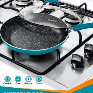 MICHELANGELO Nonstick Frying Pan with Lid, 10 Inch Frying Pan Nonstick, Enameled Non Stick Frying Pan with Silicone Handle, Nonstick Skillet with Granite Interior, Cyan