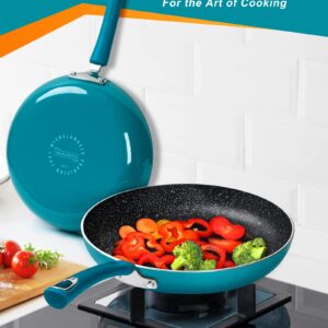 MICHELANGELO Nonstick Frying Pan with Lid, 10 Inch Frying Pan Nonstick, Enameled Non Stick Frying Pan with Silicone Handle, Nonstick Skillet with Granite Interior, Cyan