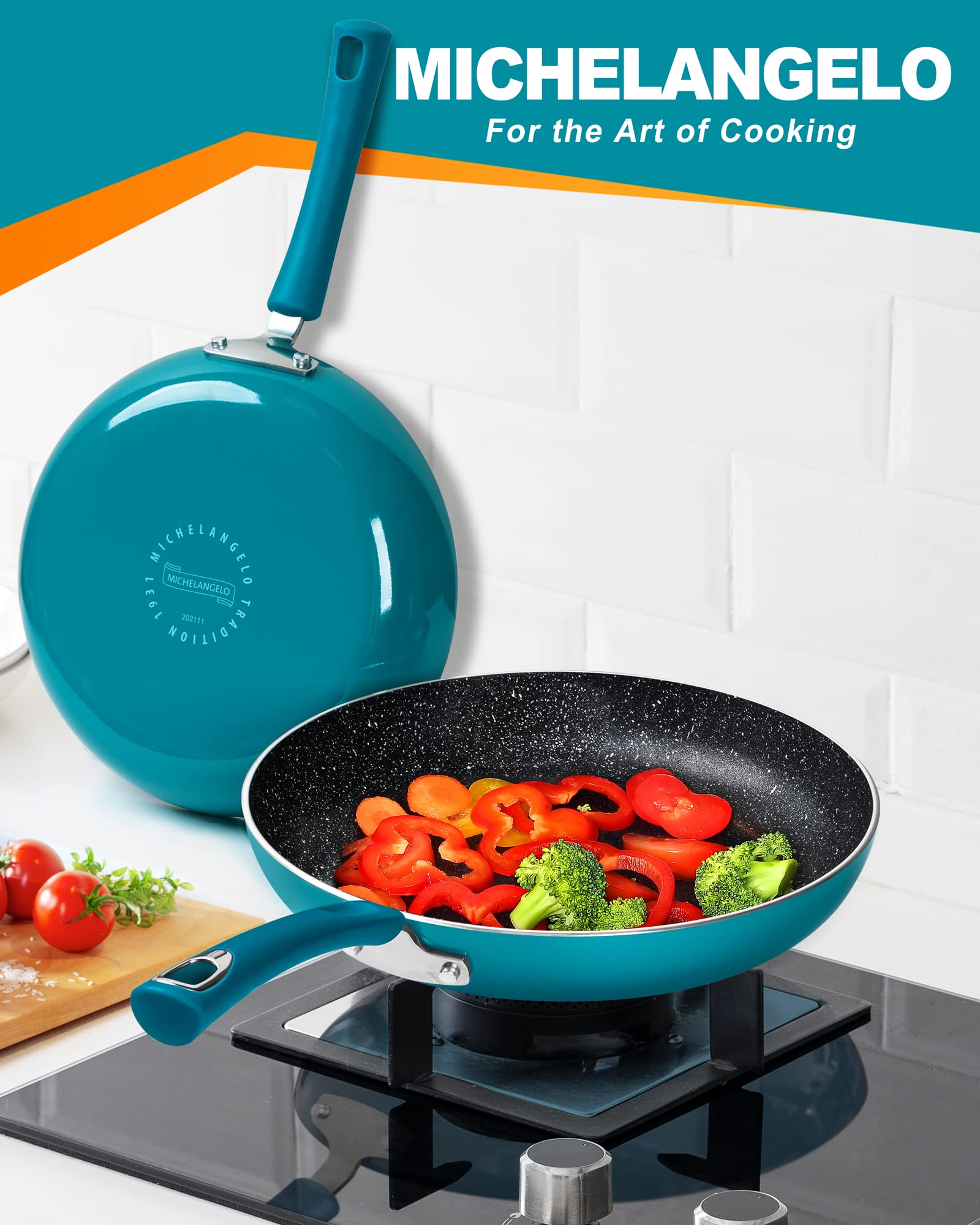 MICHELANGELO Nonstick Frying Pan with Lid, 10 Inch Frying Pan Nonstick, Enameled Non Stick Frying Pan with Silicone Handle, Nonstick Skillet with Granite Interior, Cyan